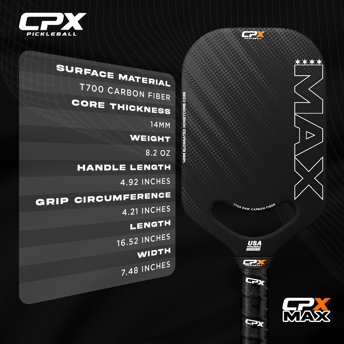 CPX MAX Pickleball Paddle - 14mm Elongated Thermoformed & Edgeless